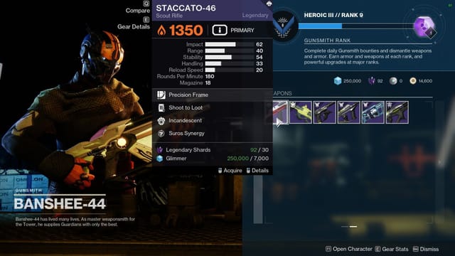 Banshee selling a PvE god roll Scout Rifle in Destiny 2 right now ...