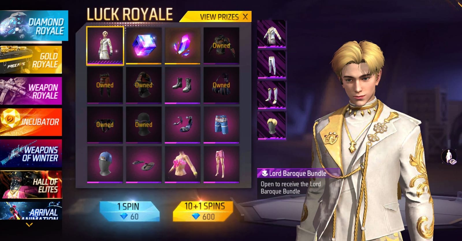 New Free Fire MAX Diamond Royale provides Lord Baroque Bundle