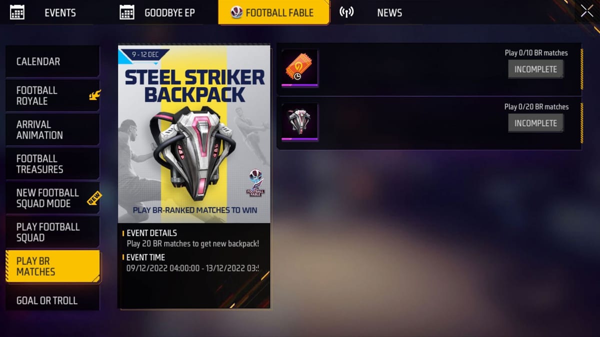 Steel Striker Backpack available for free in Free Fire MAX