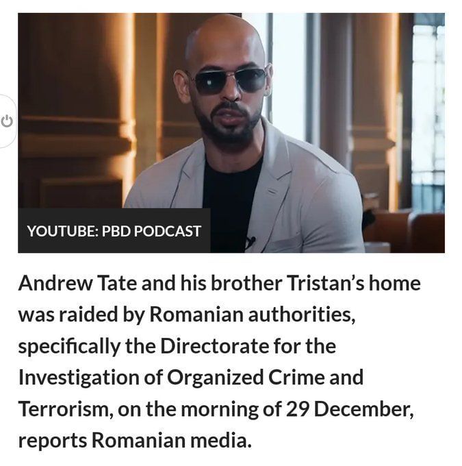 Breaking: Andrew Tate arrested after house was recently raided by Romanian organized crime units ...