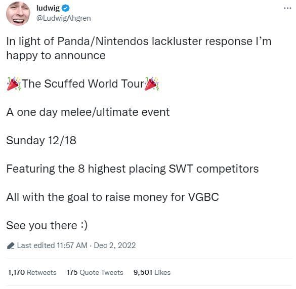 Ludwig announces Scuffed World Tour Smash Bros. tournament