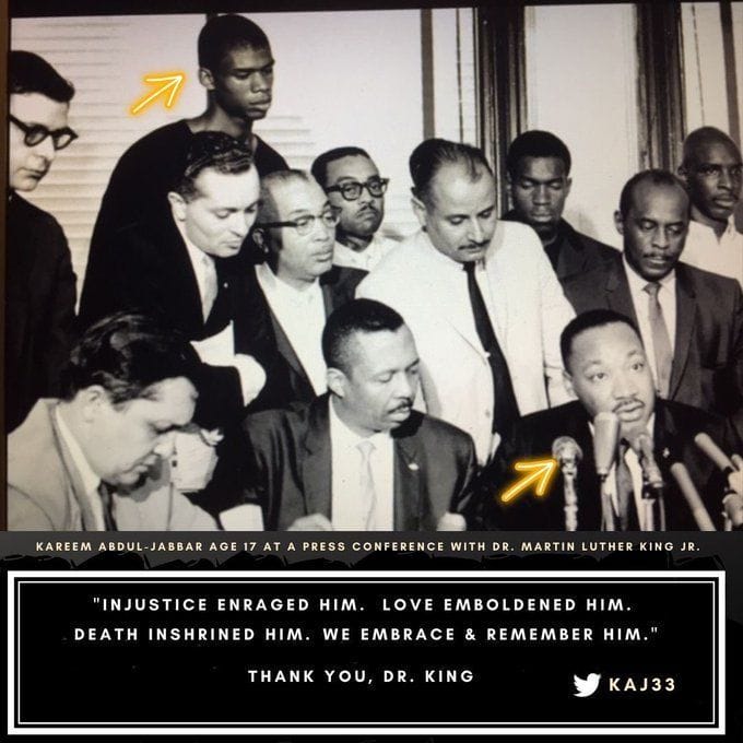 Kareem Abdul-Jabbar celebrates MLK day with an iconic picture of him ...