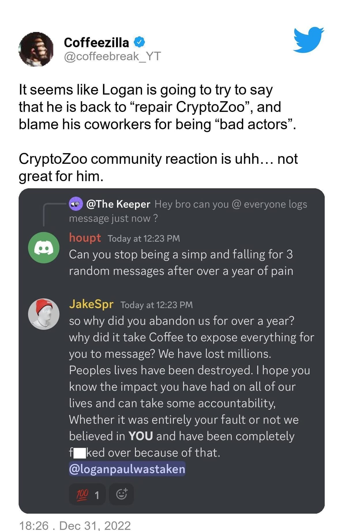 Logan Paul posts in the CryptoZoo Discord for the first time since its ...