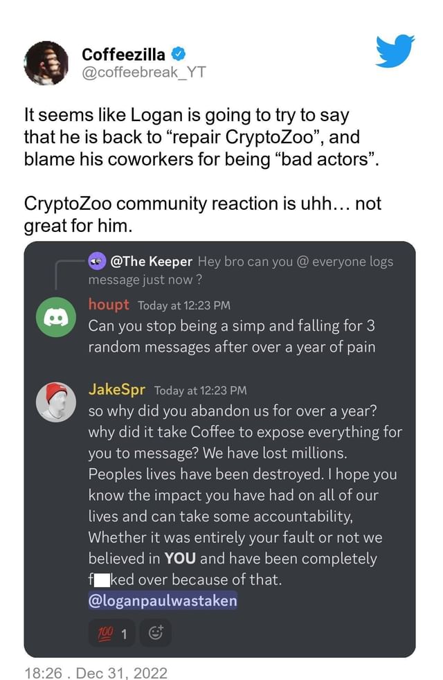 Logan Paul posts in the CryptoZoo Discord for the first time since its collapse, fans react