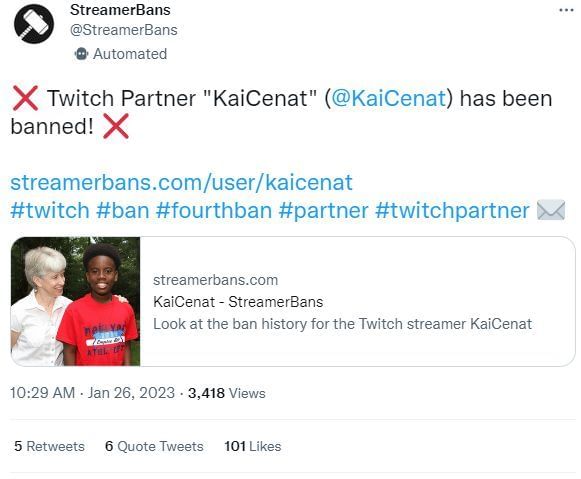 Why was Kai Cenat banned on Twitch again?