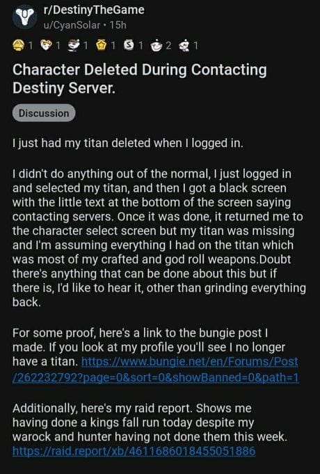 Destiny 2 player reports losing a whole character due to a server issue