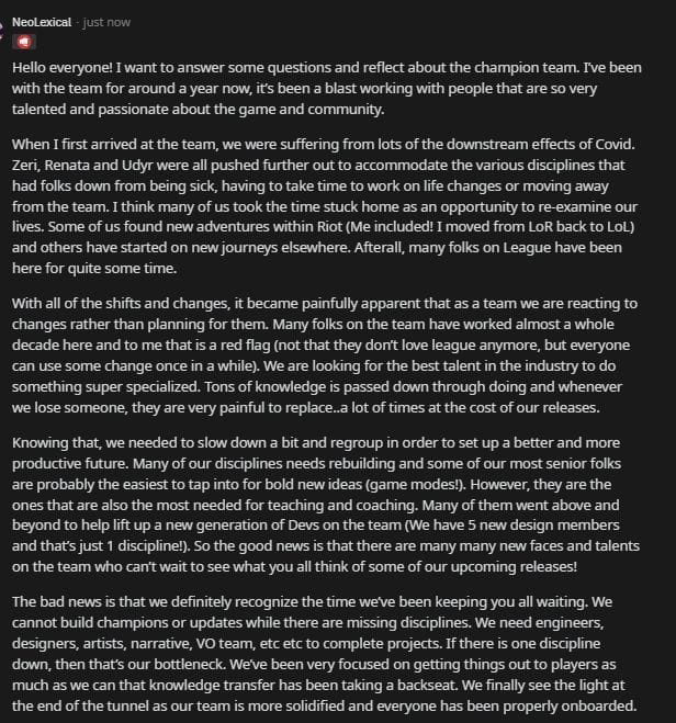 Developer Riot Lexical provides an update on state of the League of ...