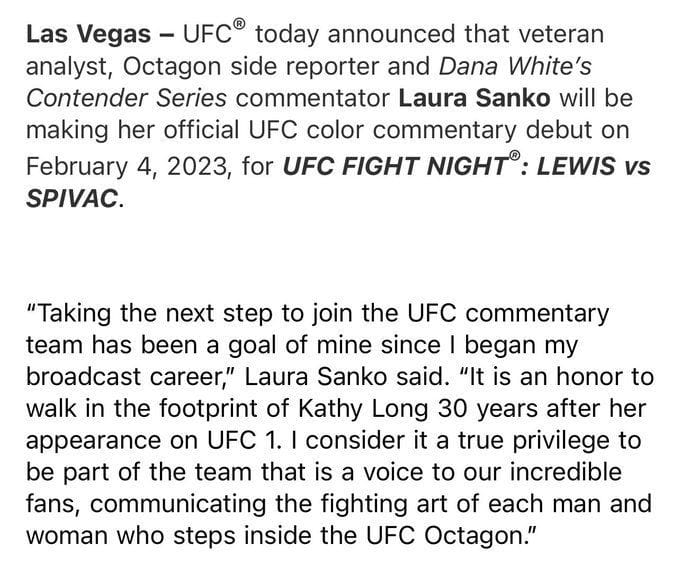 BREAKING: Laura Sanko to become second female color commentator in the UFC