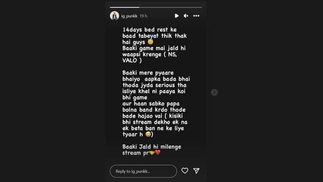 BGMI pro Punkk provides update on his health