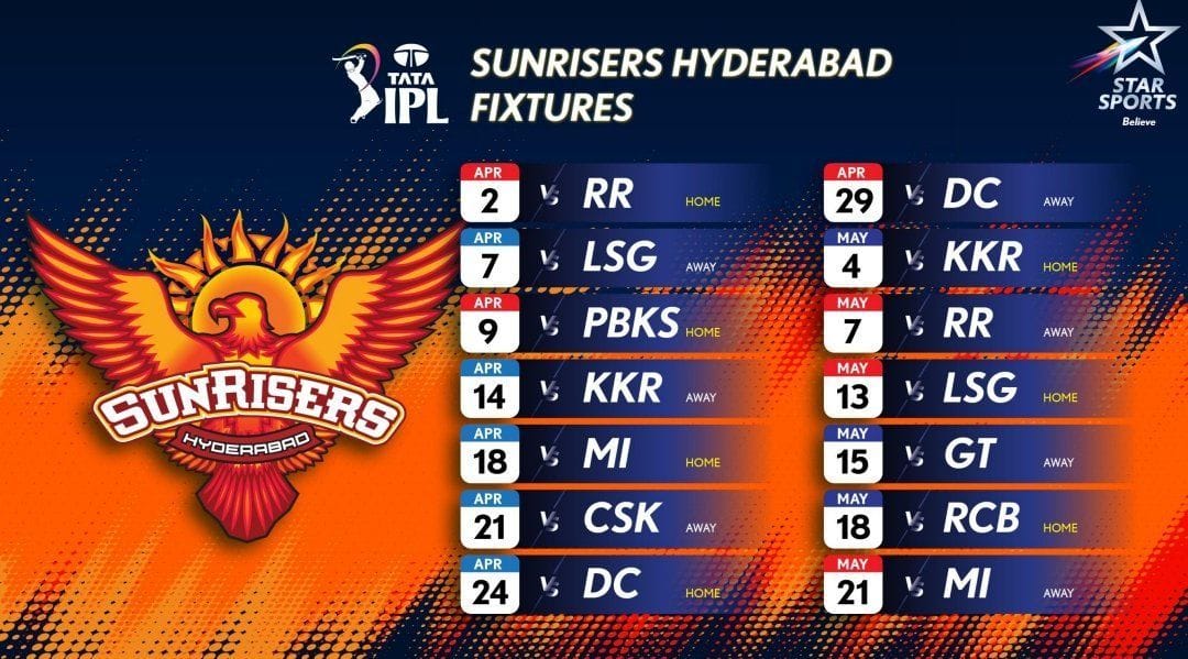 SRH Match Schedule 2023 - SRH Next Match & Upcoming Match Schedule