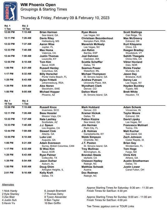PGA Tour's 2023 WM Phoenix Open: Round 1 tee times and TV schedule