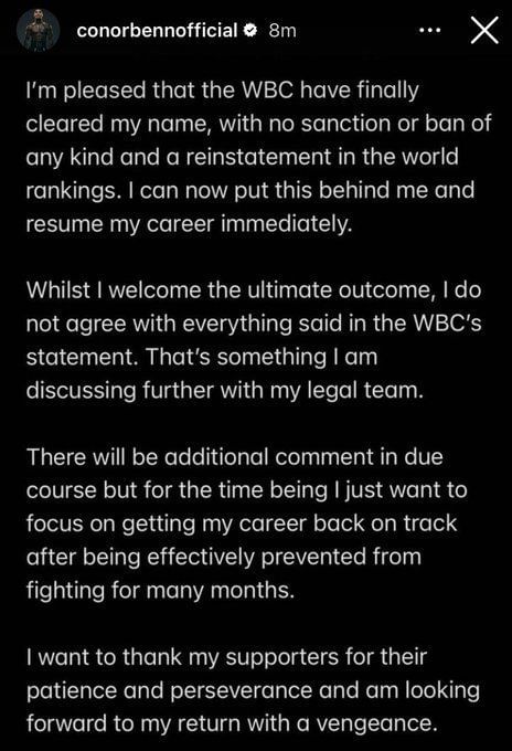 Conor Benn is discussing WBC's statement with lawyers despite clearance of his name