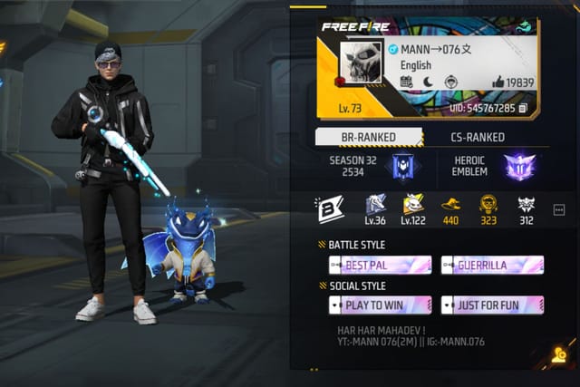 Mann 076’s Free Fire MAX ID, stats, guild, monthly income, and more