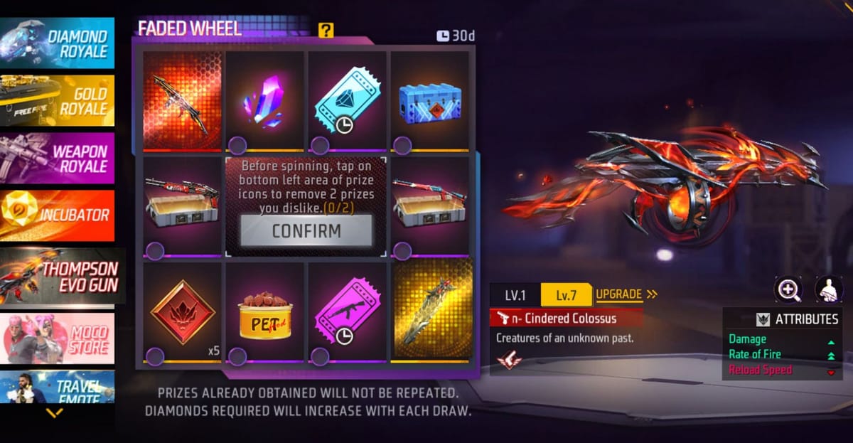 Free Fire Cindered Colossus Thompson Evo gun skin: How to get, price, Faded Wheel duration and ...