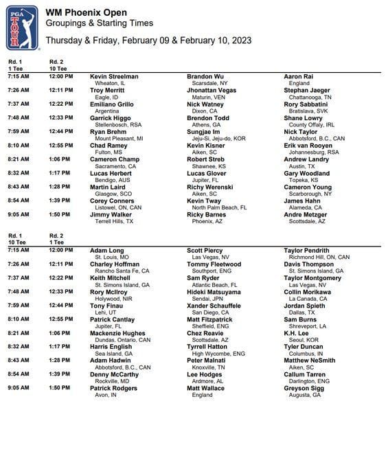 PGA Tour's 2023 WM Phoenix Open: Round 1 tee times and TV schedule