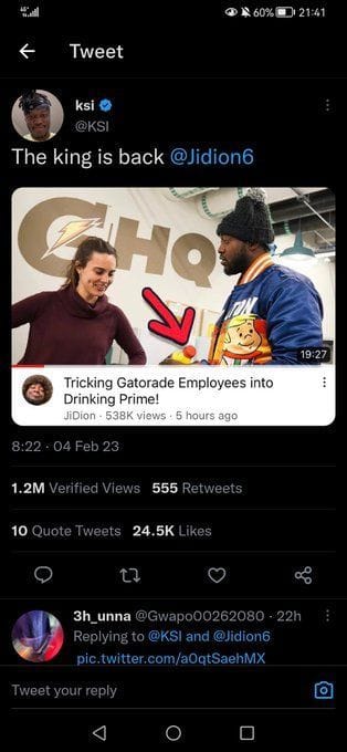 KSI’s tweet gets taken down by Gatorade following a troll video by JiDion