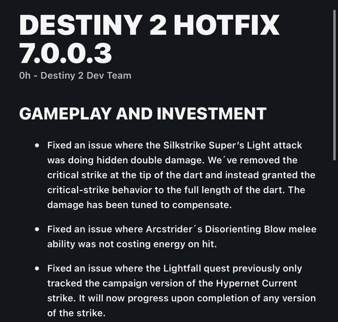 Destiny 2 Hotfix 7.0.0.3 full patch notes: Strand Hunter damage fix ...