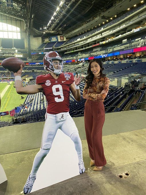 How tall is Bryce Young? Mina Kimes posing next to life-sized cutout of ...