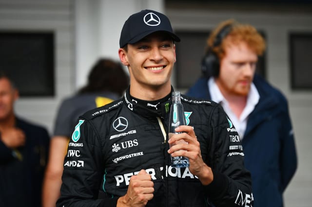 George Russell's F1 opening title pose turned into a meme by Mercedes