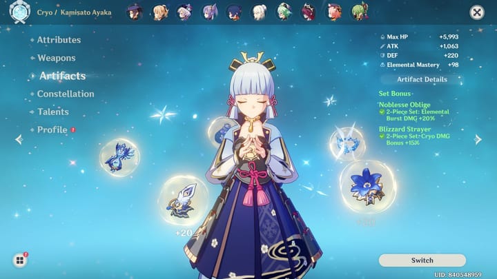 Best F2P (Free-to-play) Ayaka build in Genshin Impact: Artifacts, weapons, and talent priority