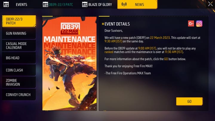 Free Fire MAX OB39 update maintenance schedule announced