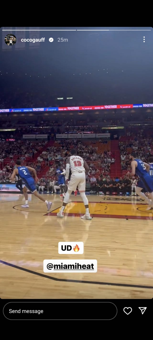 Coco Gauff reacts to Udonis Haslem's final game of the NBA regular season