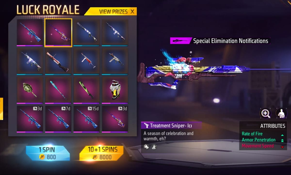 New Free Fire MAX Weapon Royale (India server): Get Storm Surge Kingfisher, Ice Bones Treatment ...