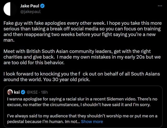 "30-year-old pr*ck": Jake Paul slams KSI for using racial slur in new ...