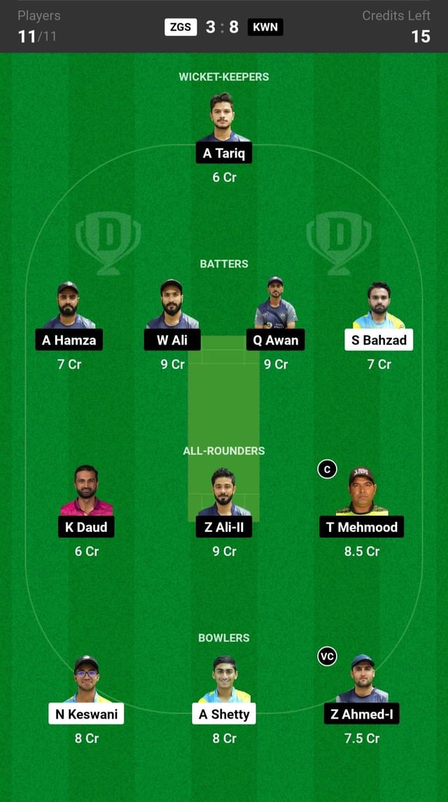 ZGS vs KWN Dream11 Prediction: Fantasy Cricket Tips, Today's Playing 11 and Pitch Report for ...
