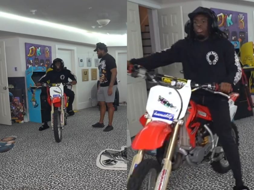 Kai Cenat rides a dirtbike in his room and crashes into his streaming ...