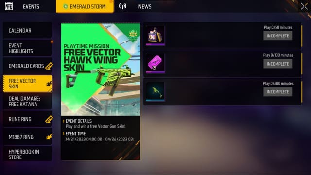 How to get free Hawk Wing Vector in Free Fire MAX? Event duration ...