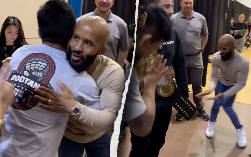 Rodtang: Demetrious Johnson imitates Rodtang’s shuffle in backstage clip