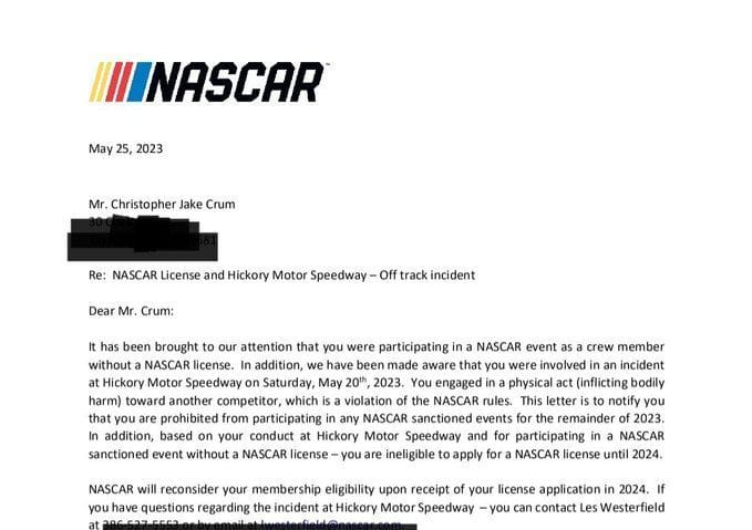 Jake Crum suspended by NASCAR for remainder of the season