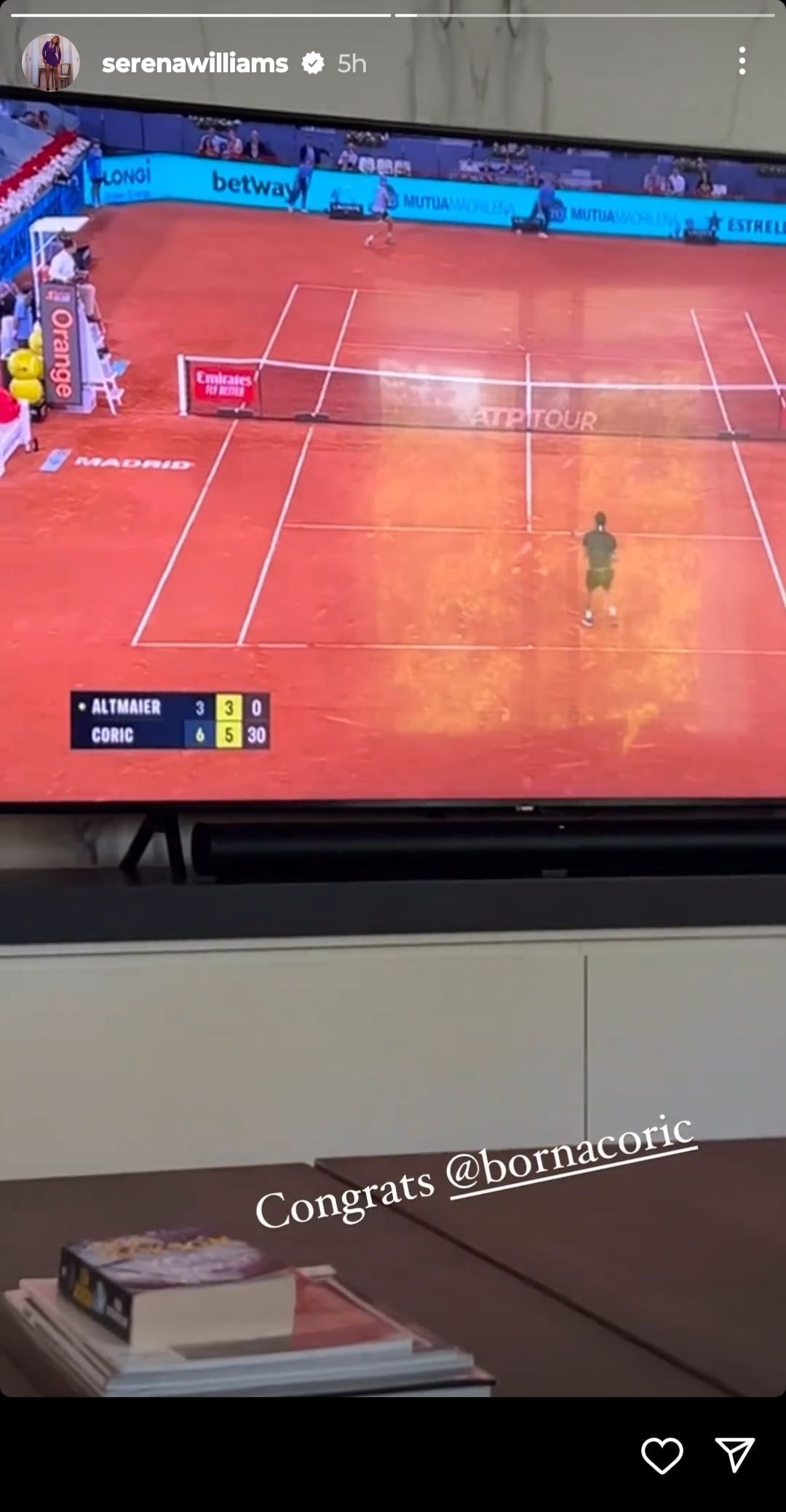 Serena Williams cheers for Borna Coric as he makes the semifinals of Madrid Open 2023