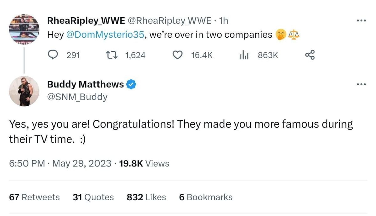 Buddy Matthews has a cheeky reaction to Rhea Ripley saying she and Dominik Mysterio are over in ...