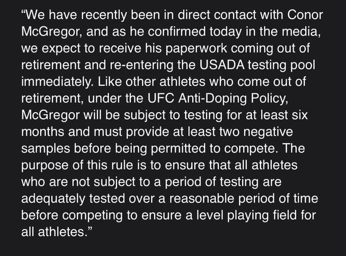 USADA confirms Conor McGregor's imminent return to the testing pool ...
