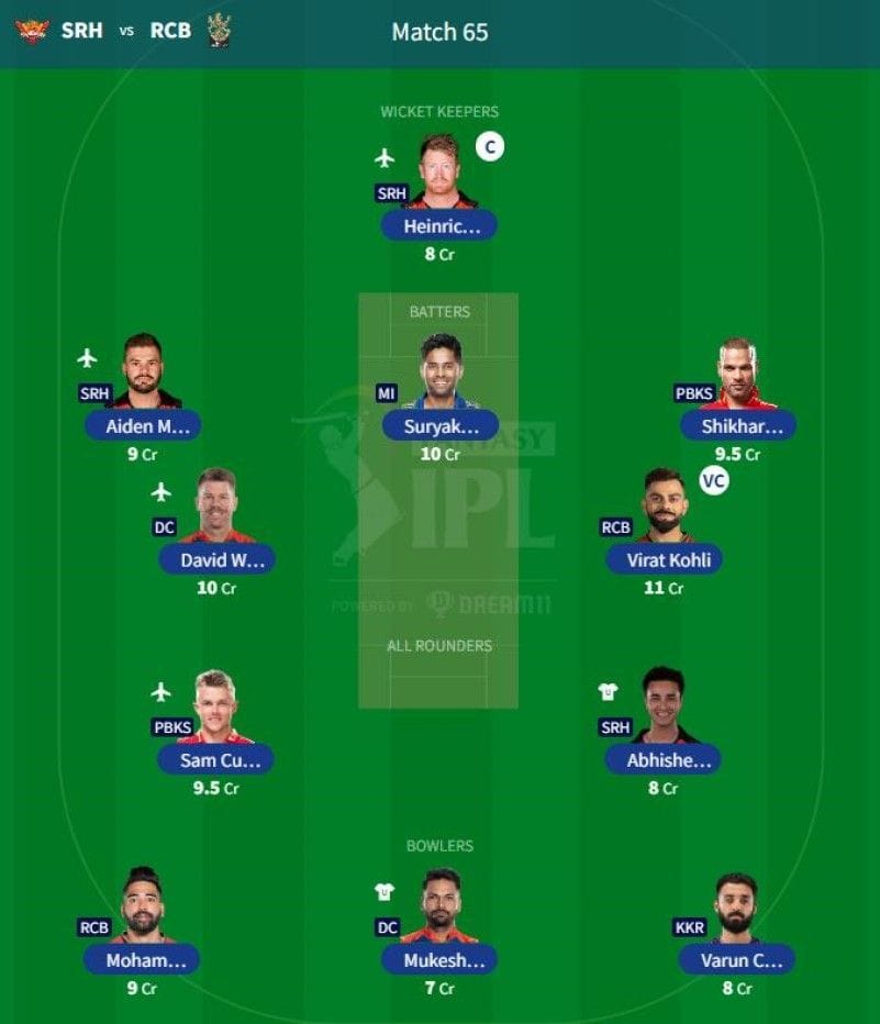 IPL 2023 Fantasy League: Best Fantasy XI for Match 65 - SRH vs RCB | IPL Fantasy Tips