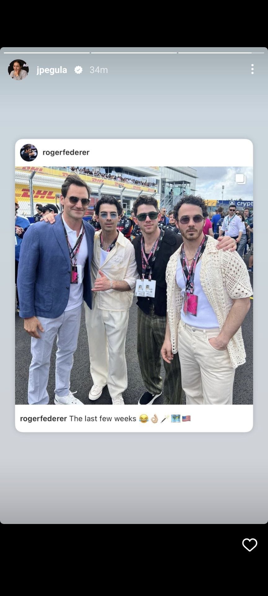 Roger Federer poses with the Jonas Brothers, Jessica Pegula reacts