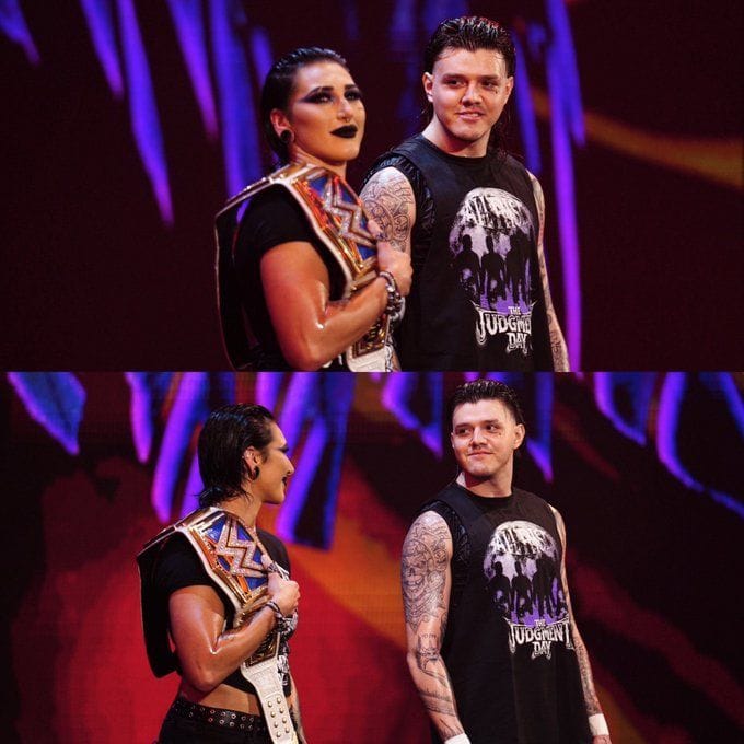 Rhea Ripley reacts to an edited photo of her wedding with Dominik Mysterio