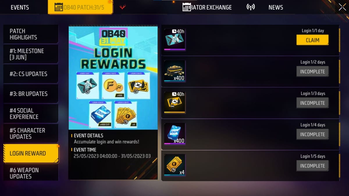 Free Fire MAX OB40 update Login Rewards: Get free vouchers, room card ...