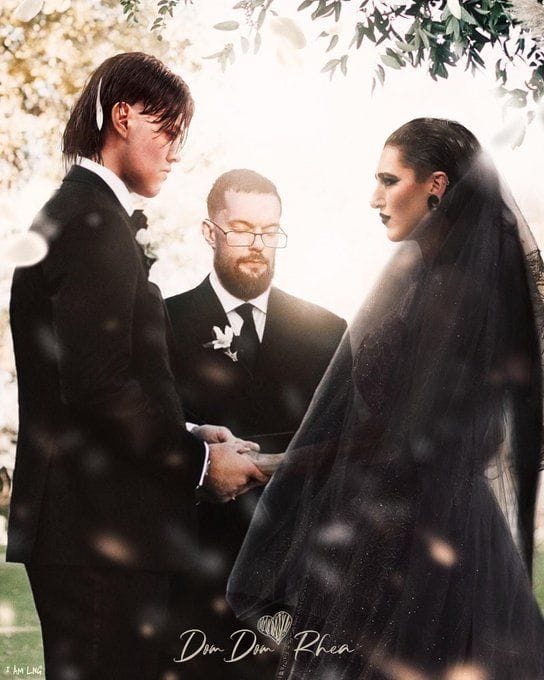 Rhea Ripley reacts to an edited photo of her wedding with Dominik Mysterio