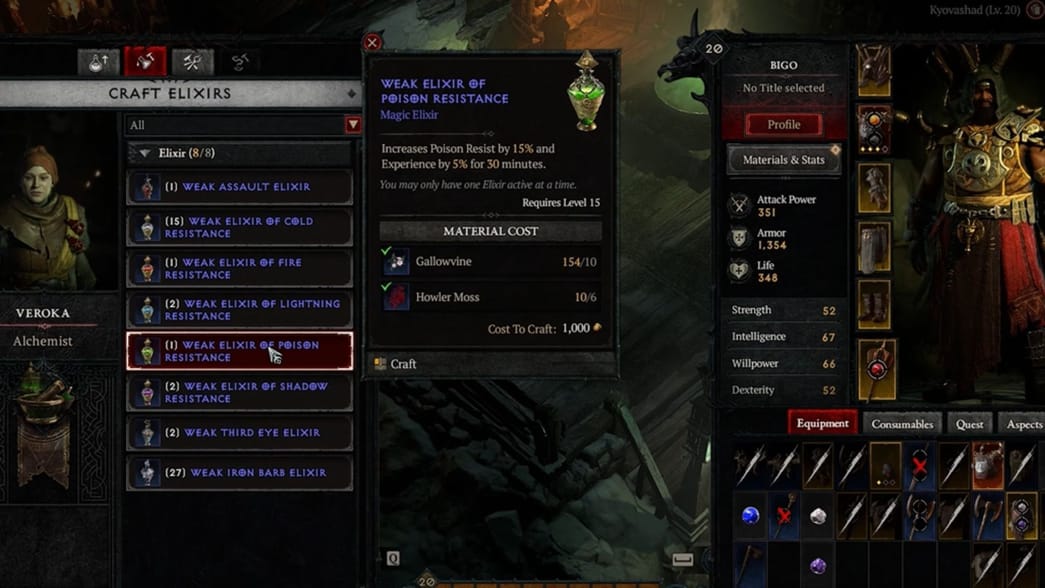 Diablo 4 Elixir of Poison Resistance: Types, recipe, effects, and more