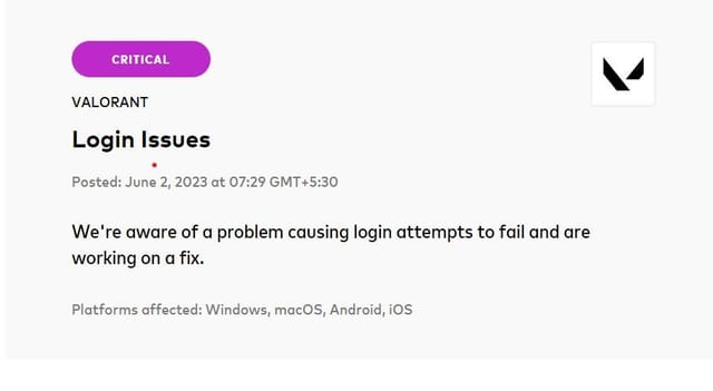 Valorant Login Issue, server downtime status (June 2)