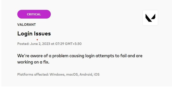 Valorant Login Issue, server downtime status (June 2)