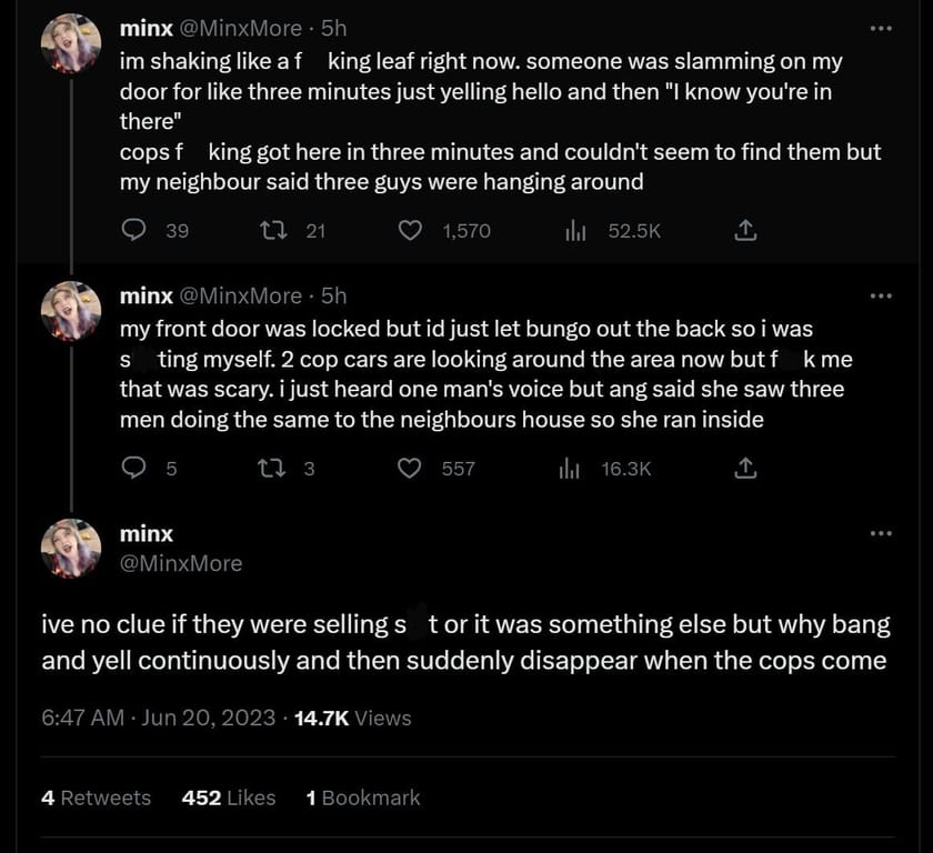 "That was scary" - JustaMinx claims "three men" slammed and yelled at ...