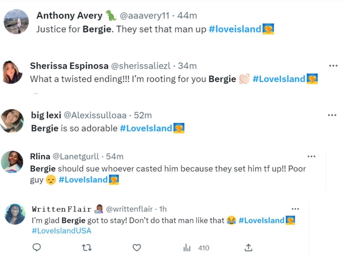 "JUSTICE FOR BERGIE!!": Love Island USA fans don't like how Bergie was ...