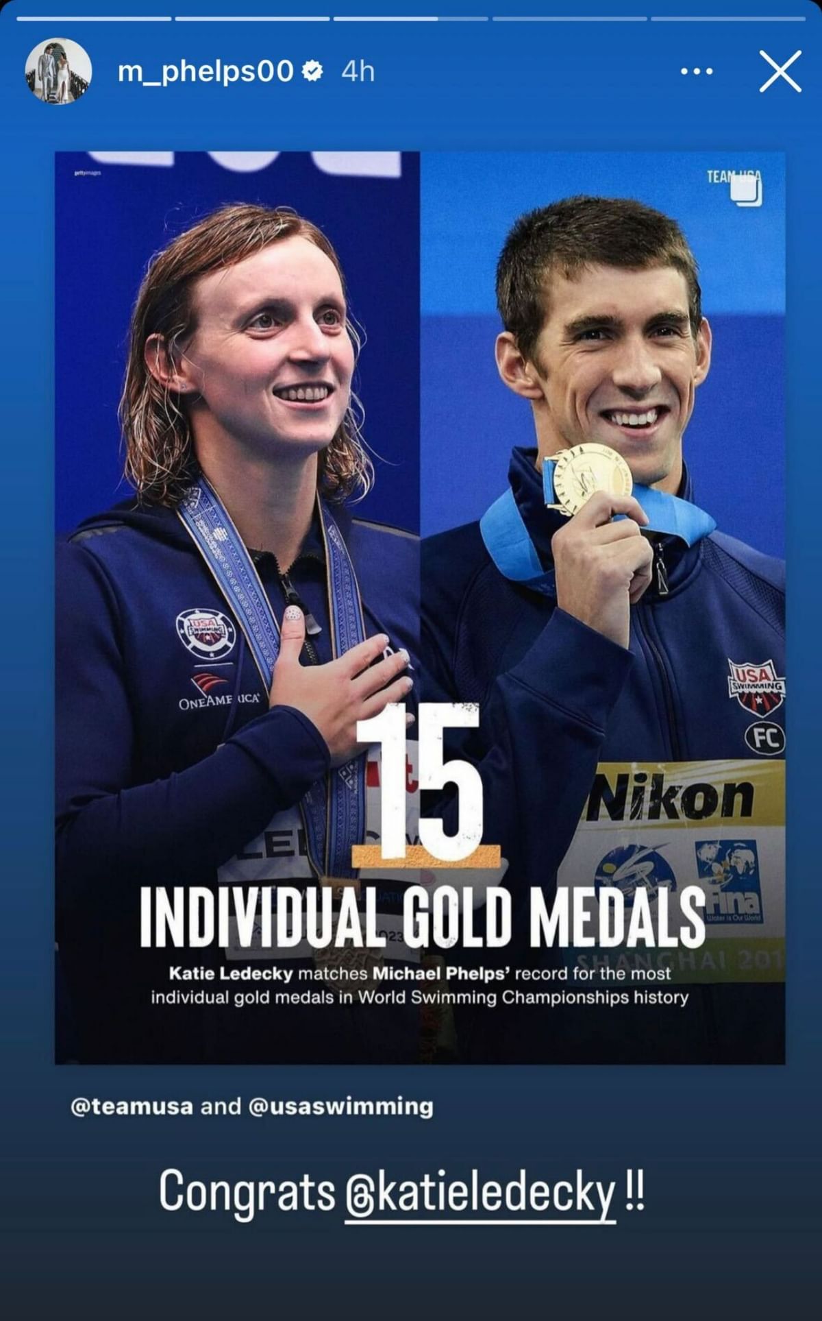 Michael Phelps congratulates Katie Ledecky after she equals his record ...