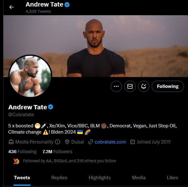 "Xe/Xim, Vice/BBC, Biden 2024" - Andrew Tate makes bizarre changes to ...