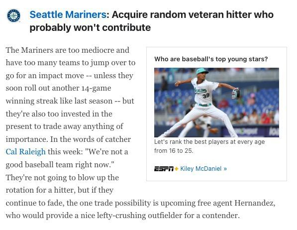 Seattle Mariners fans embarrassed by ESPN roasting their consistently poor trade deadline moves ...