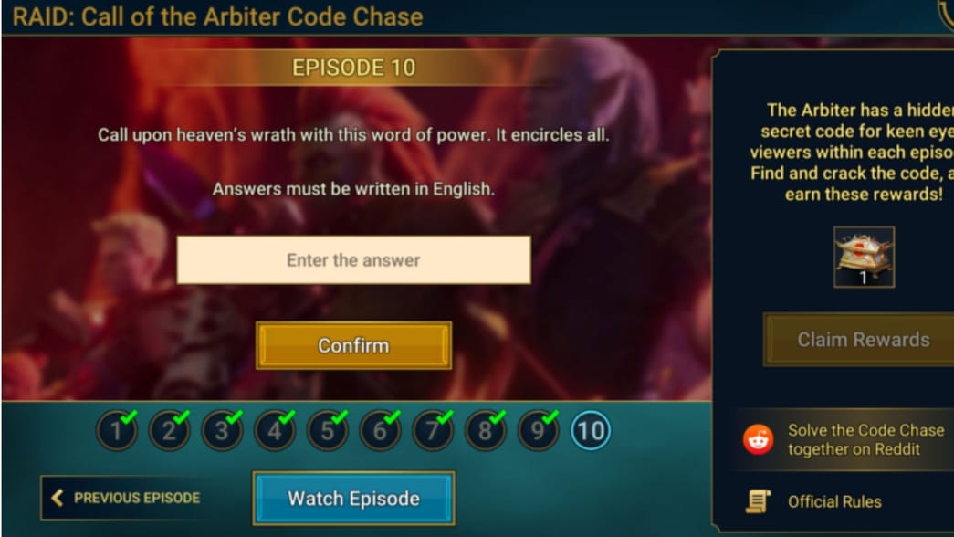 Raid Call of the Arbiter episode 10 code: Rewards and how to redeem
